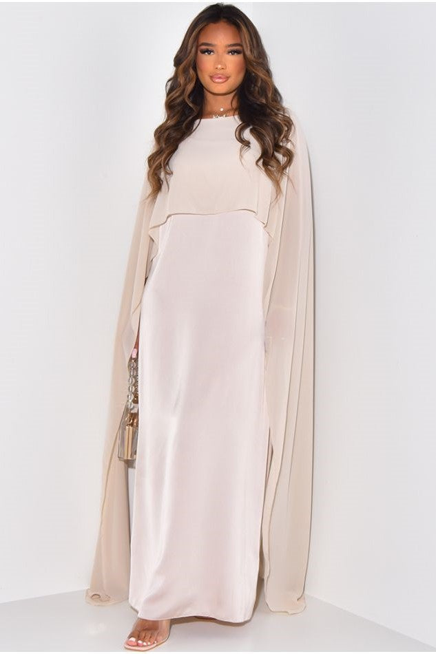 Maxi Formal Modest Cape Satin Cream Dress | Modest Clothing – Femme Couture