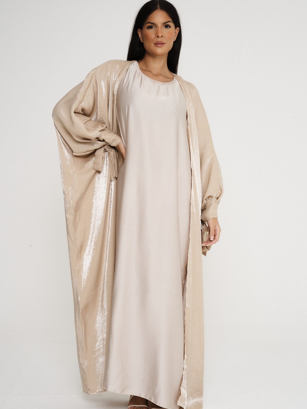 Champagne Cream Shimmer Open Butterfly Abaya | Modest Fashion – Femme ...