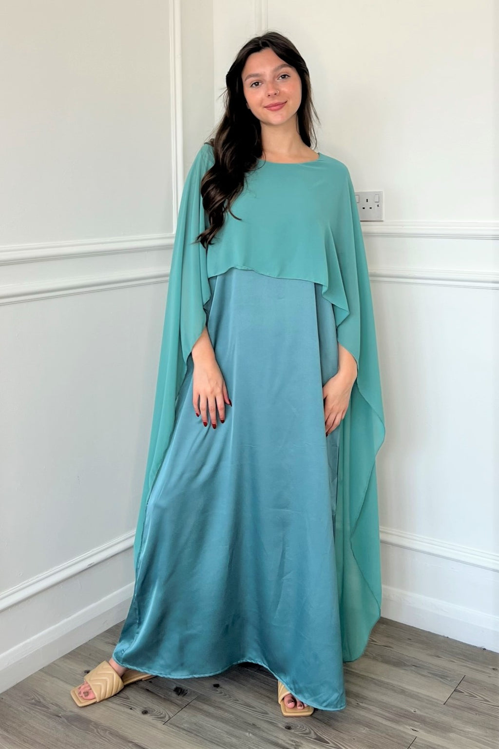 Maxi Formal Modest Cape Satin Blue Dress | Modest Clothing – Femme Couture